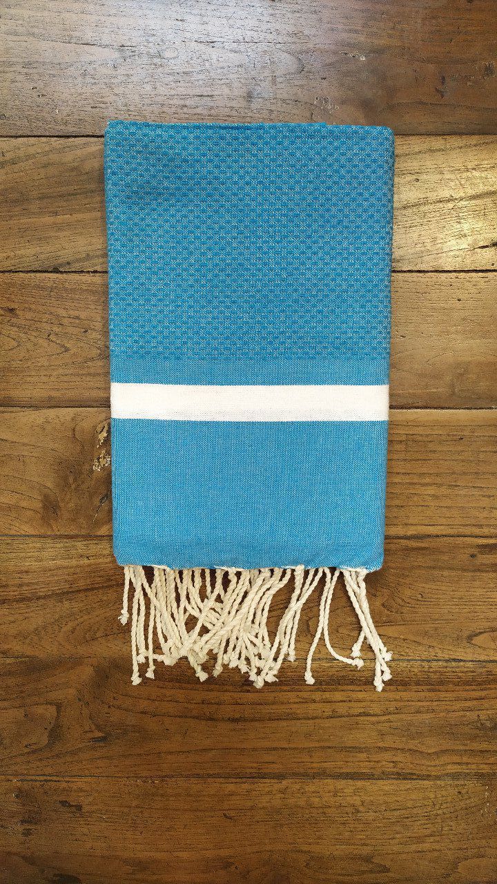 Fouta Turquoise 2 white stripe bumble bee weaving 2x1m - Harmoniepalma